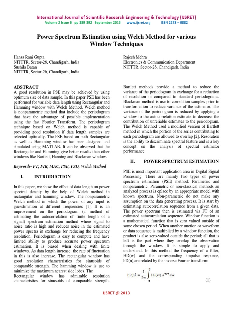 Power Spectrum Estimation Using Welch Method For Various Window Techniques | PDF | Spectral ...