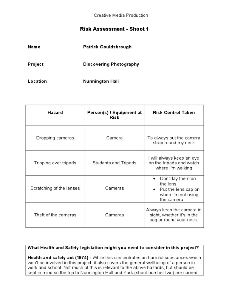 Risk Assessment Shoot 1 | PDF | Tripod (Photography) | Occupational ...