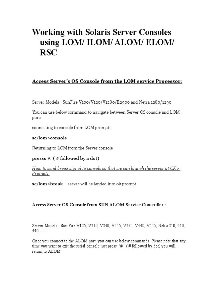 Working With Solaris Server Consoles Using Lom/ Ilom/ Alom/ Elom/ RSC | PDF | Command Line ...