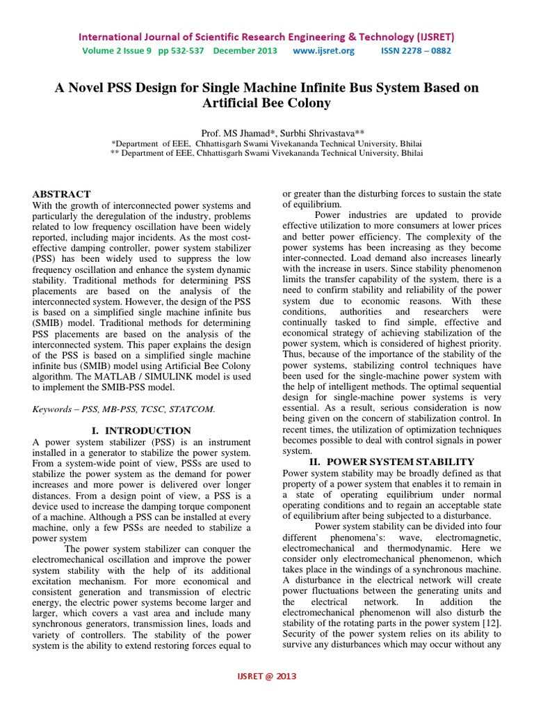 A Novel PSS Design For Single Machine Infinite Bus System Based On Artificial Bee Colony | PDF ...