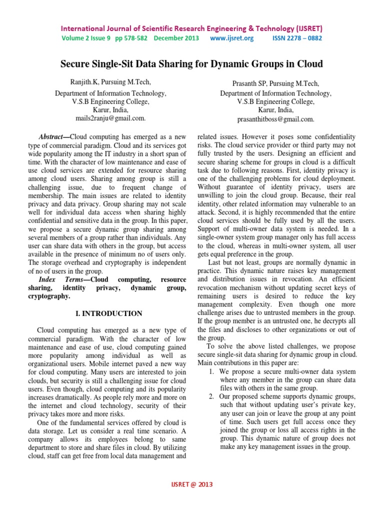 Secure Single Sit Data Sharing For Dynamic Groups In Cloud Pdf Key Cryptography Encryption