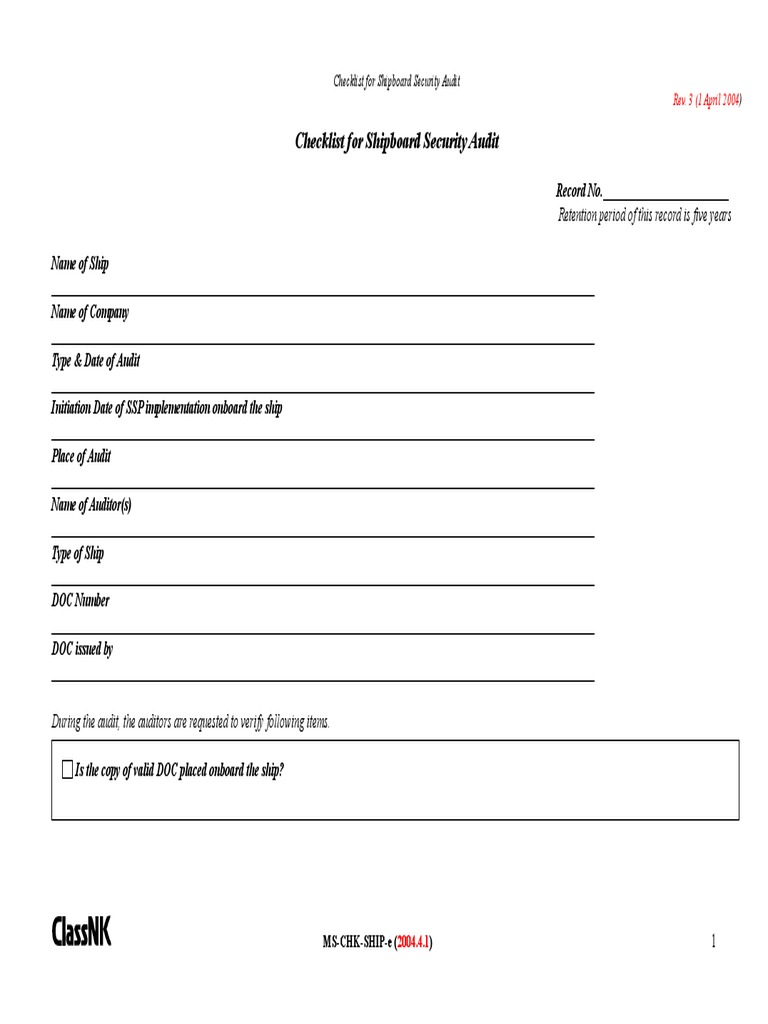 Checklist For Shipboard Security Audit: Record No | Download Free PDF ...