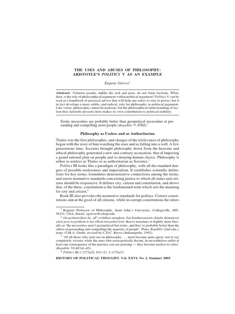 THE ROLE OF PHILOSOPHY IN POLITICAL ARGUMENT: ARISTOTLE’S POLITICS V AS ...