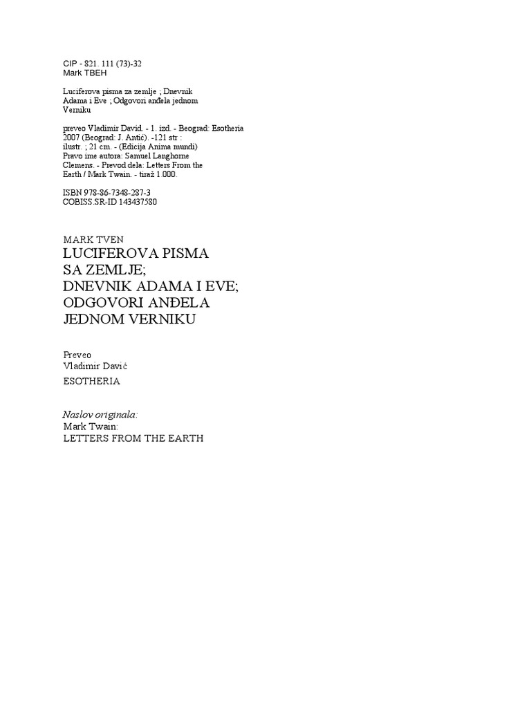 Mark Tven Luciferova Pisma Sa Zemlje | PDF