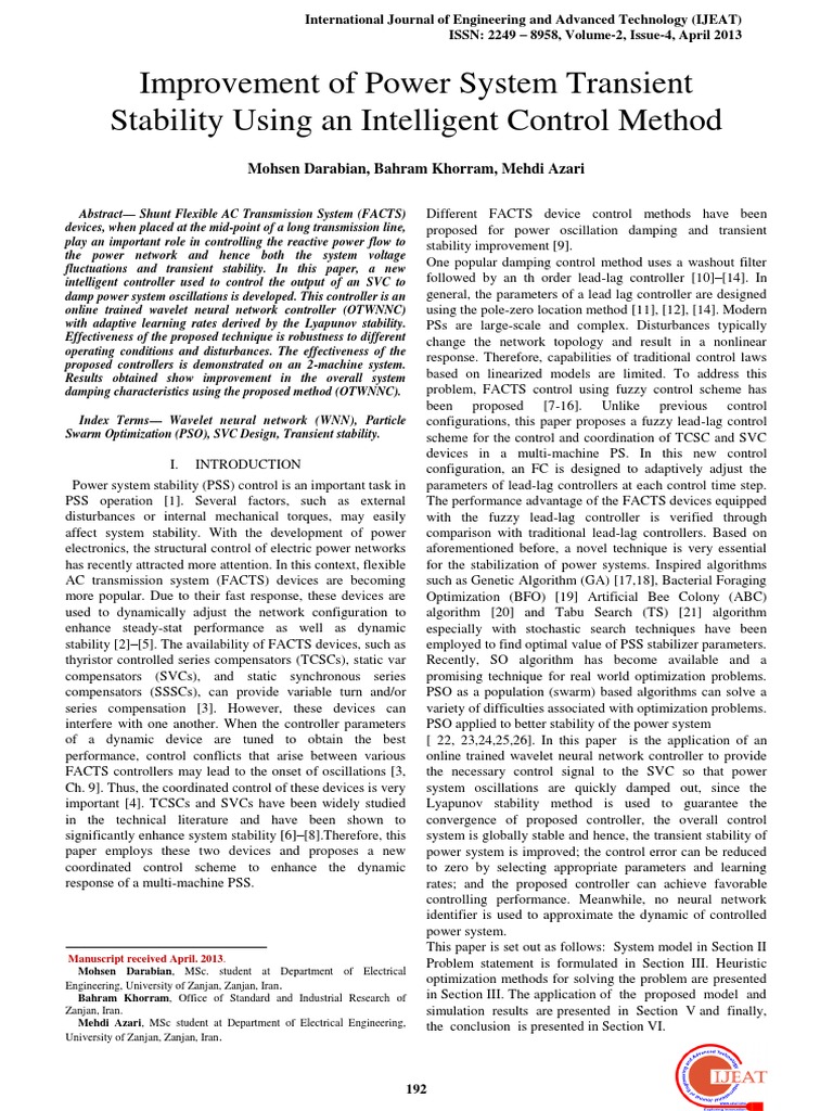 Improvement of Power System Transient Stability Using An Intelligent ...