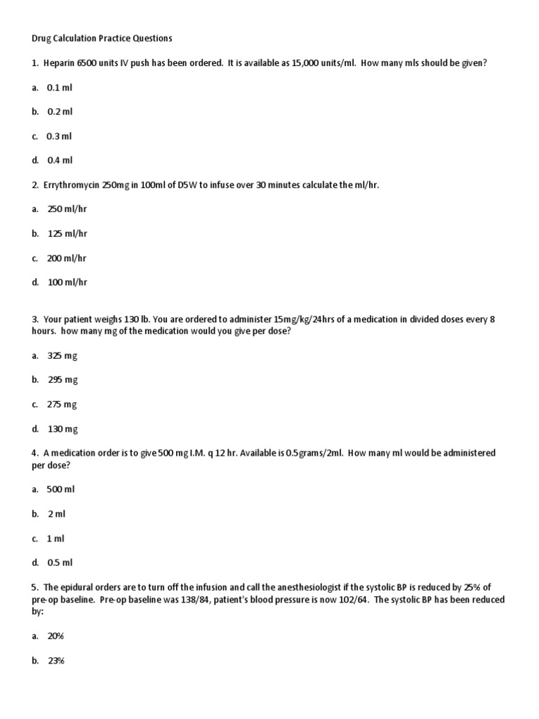Drug Calculation Practice Questions | PDF | Intravenous Therapy | Dose ...