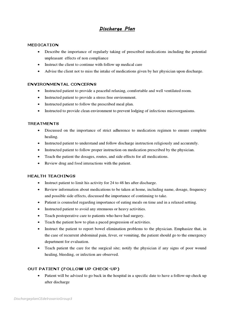 Discharge Plan | PDF | Surgery | Patient