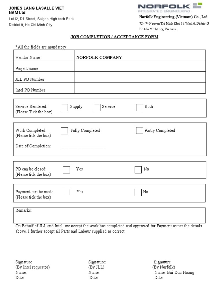 Job Completion / Acceptance Form: Lot I2, D1 Street, Saigon High-Tech ...