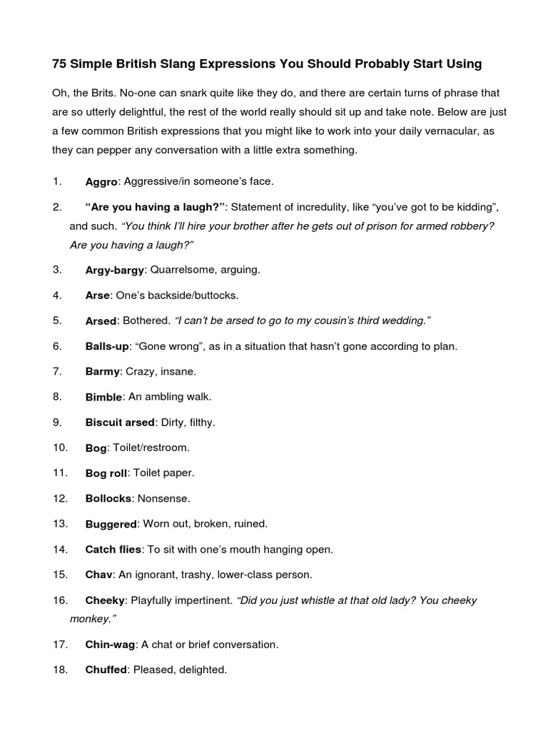 Essential British Slang Expressions | PDF | Buttocks | Foods