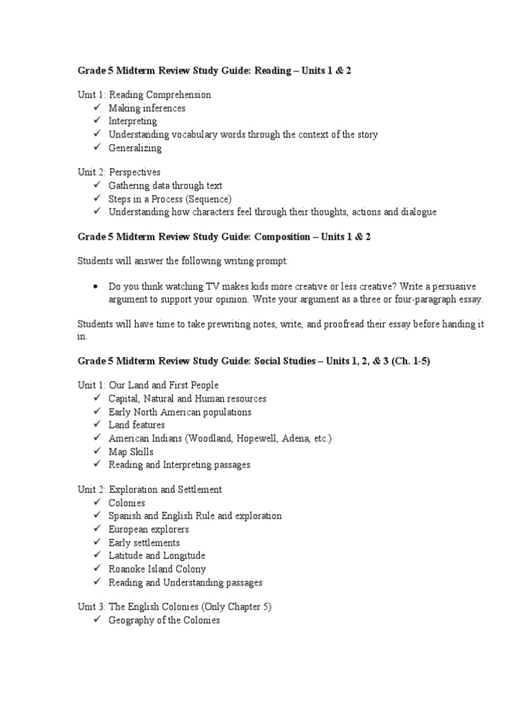 Grade 5 Midterm Review Study Guide | PDF | Wellness