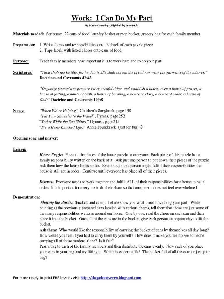 Work I Can Do My Part FHE Lesson | PDF | Breads | Flour