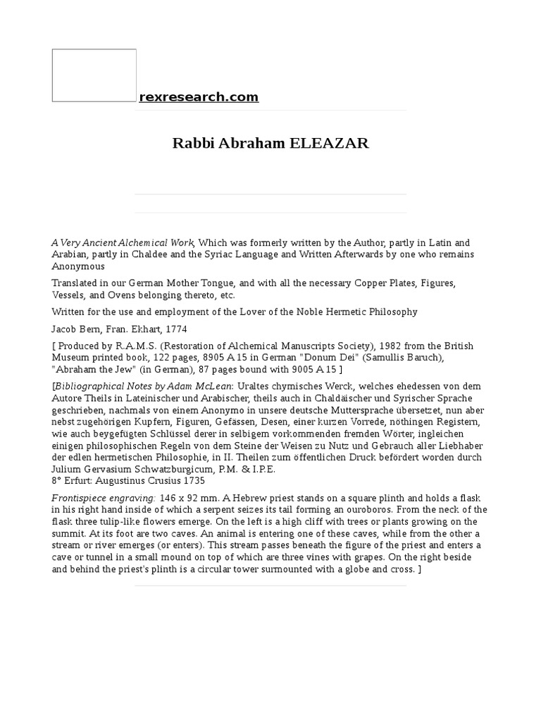 Ancient Alchemical Work of Rabbi Abraham Eleazar Offering Hope and ...
