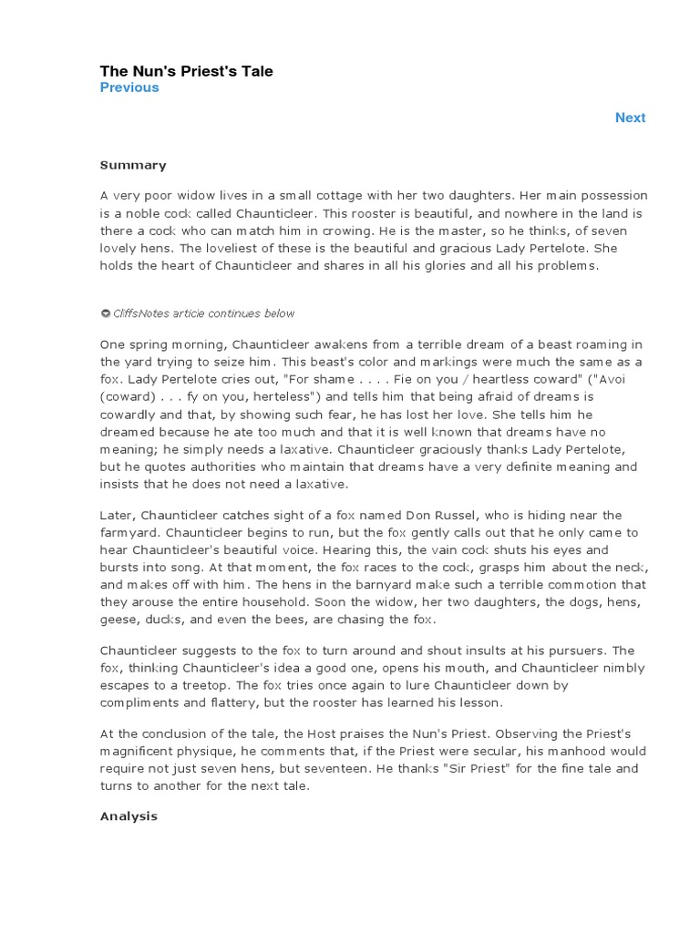 The Nun's Priest's Tale: Previous Next | PDF | Poetry