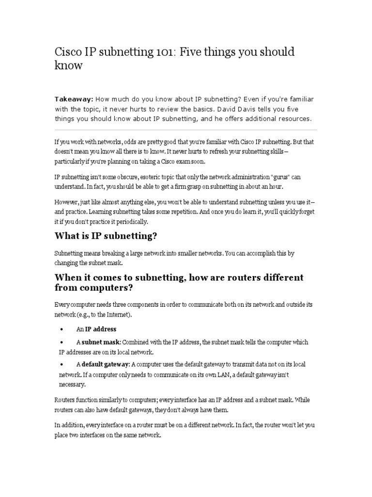 Cisco IP Subnetting 101 | PDF | Ip Address | Gateway (Telecommunications)