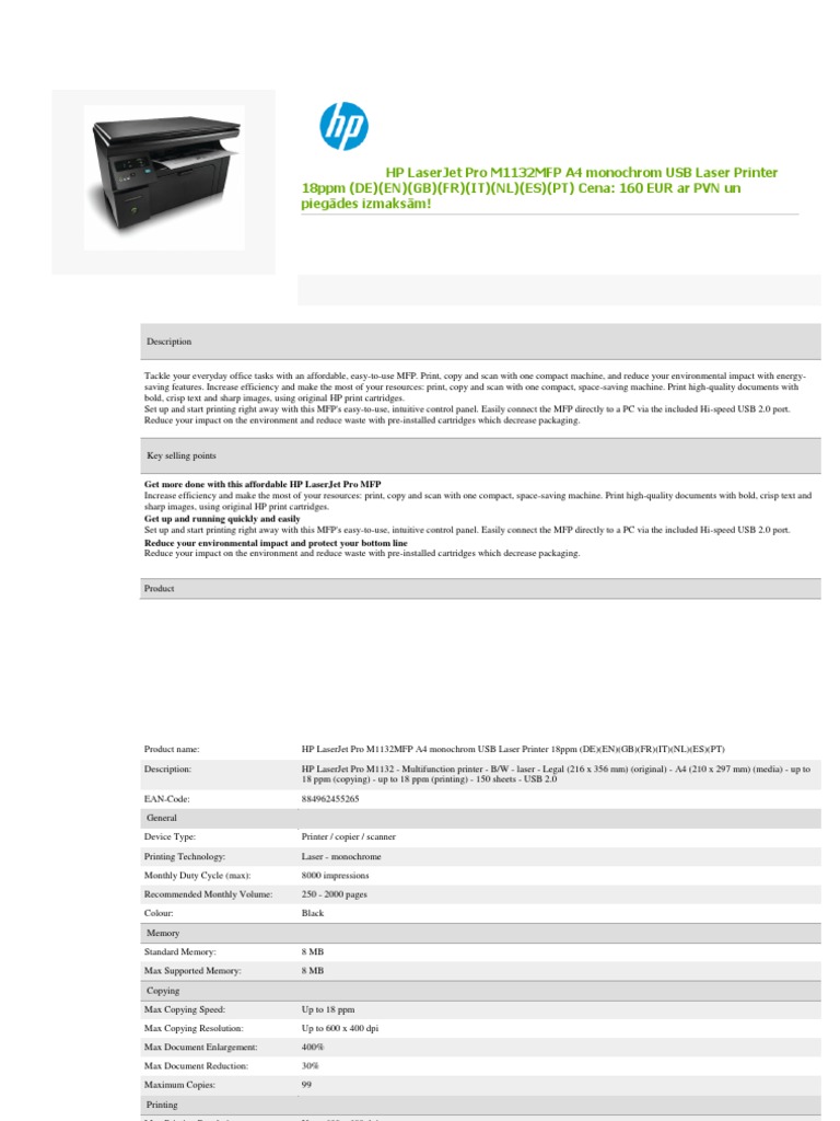 HP LaserJet Pro M1132MFP Printer | PDF | Printer (Computing) | Digital ...