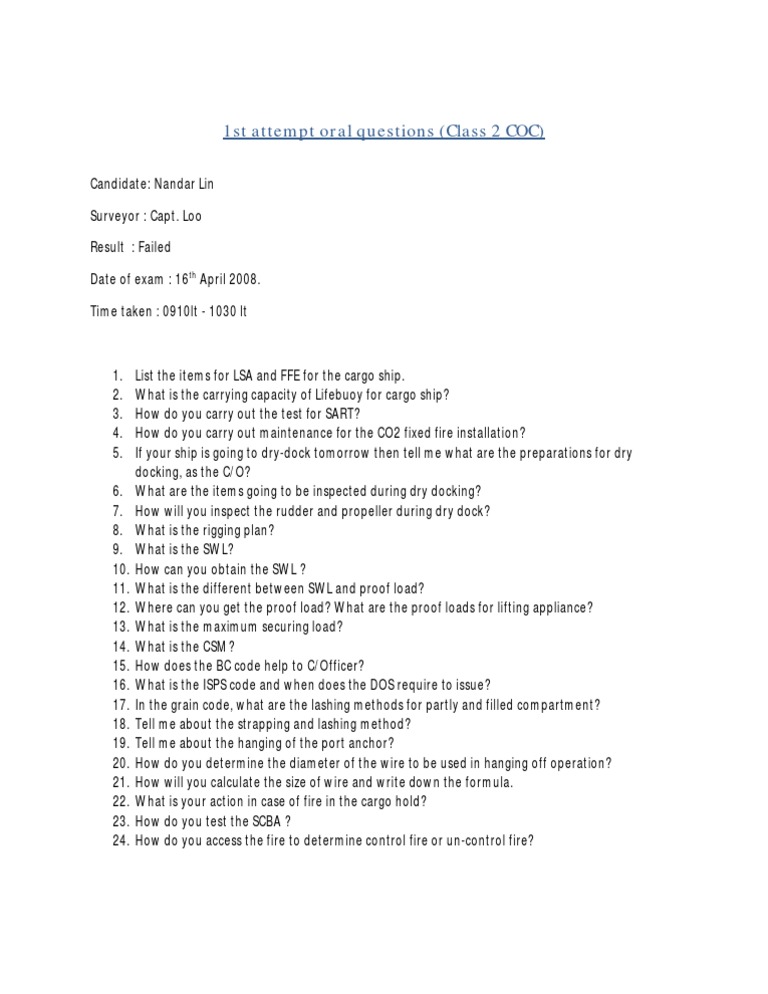 1st Attempt Oral Questions (Class 2 COC) | PDF