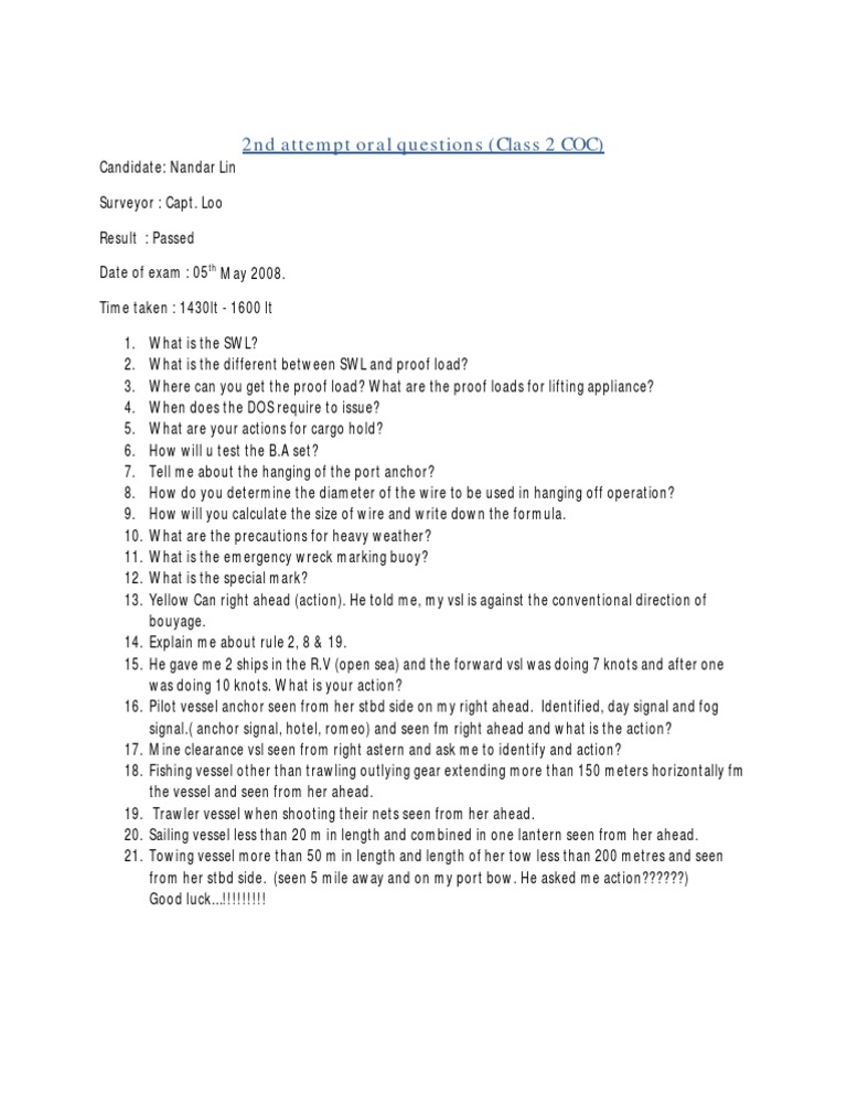 2nd Attempt Oral Questions (Class 2 COC) | PDF