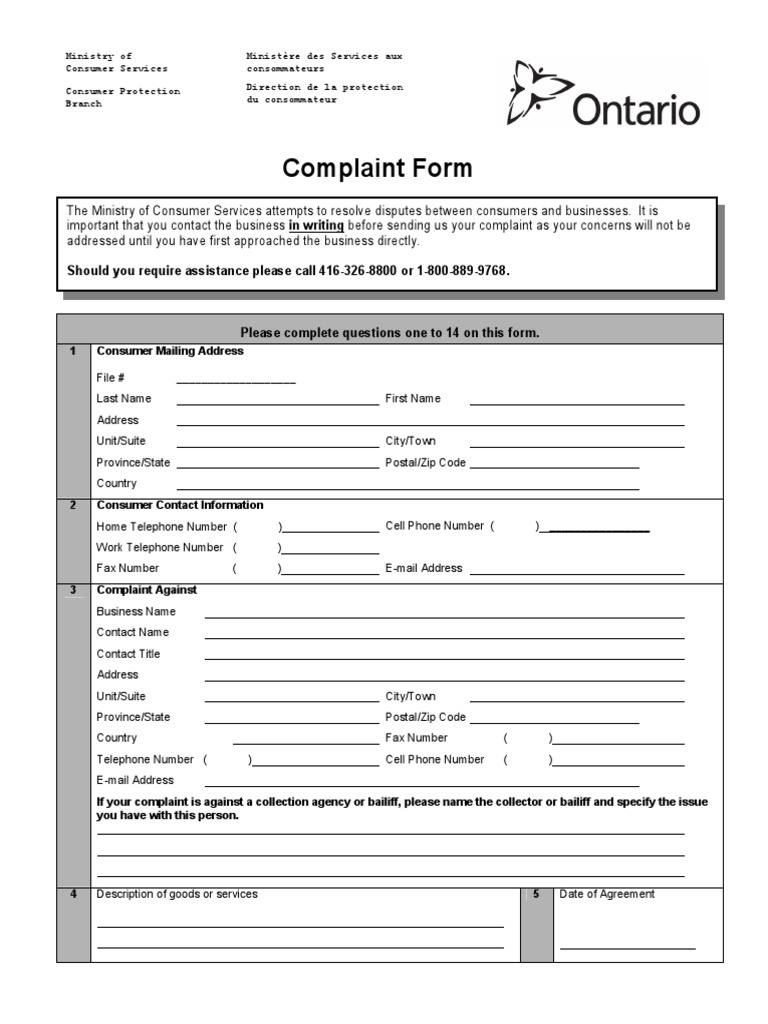 Complaint Form: Should You Require Assistance Please Call 416-326-8800 ...