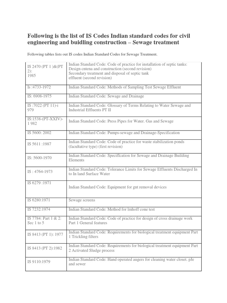 Indian Standard Codes for Sewage Treatment | PDF