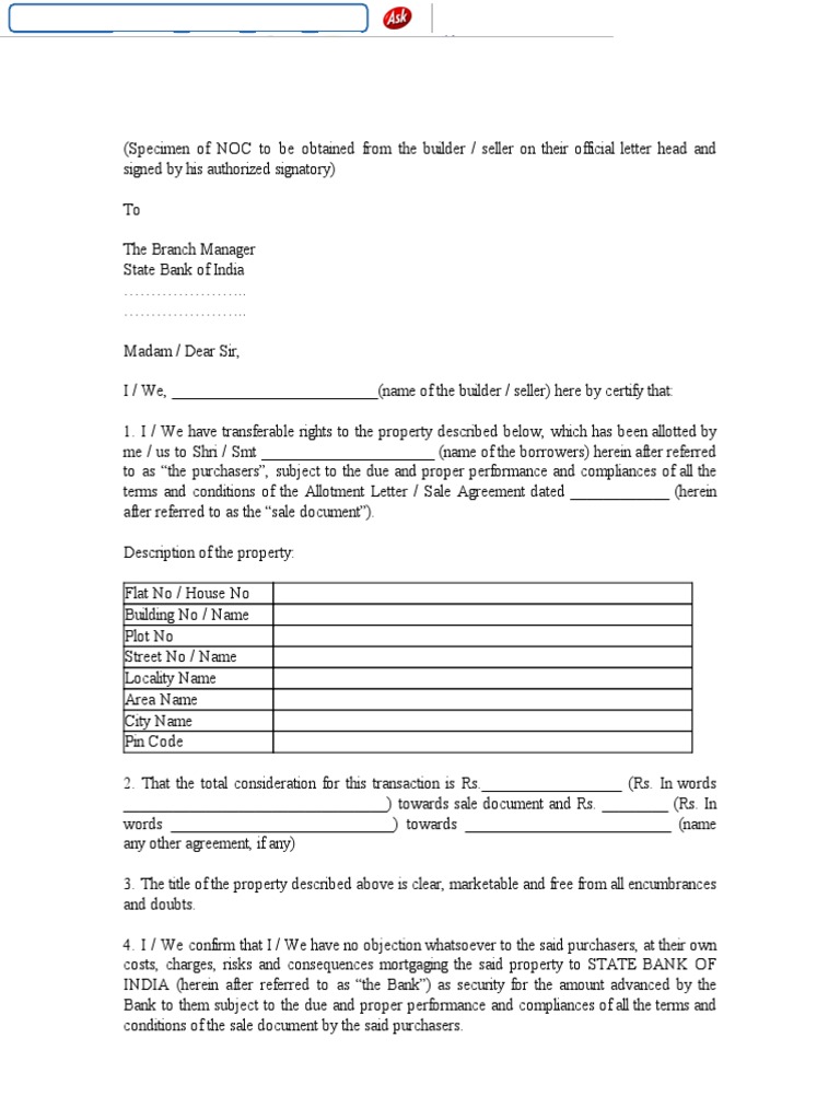Builder NOC Format SBI | PDF | Mortgage Loan | Financial Transaction