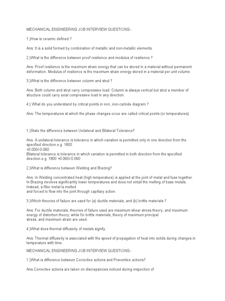 Mechanical Engineering Interview Questions | PDF | Internal Combustion ...