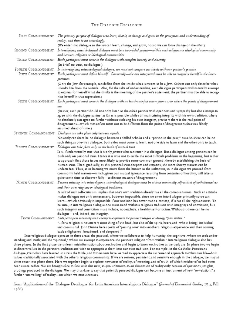 The Dialogue Decalogue: Ten Commandments for Effective Interreligious and Interideological ...