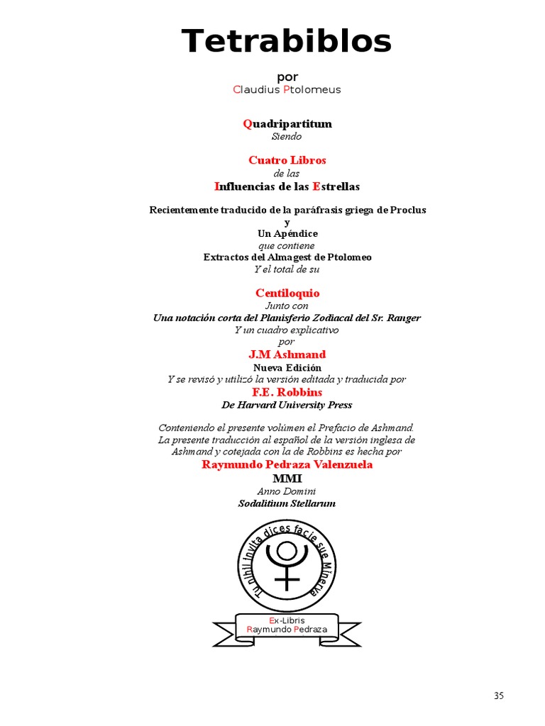 Tetrabiblos Ptolomeo Claudius | PDF | Traducciones | Ptolomeo