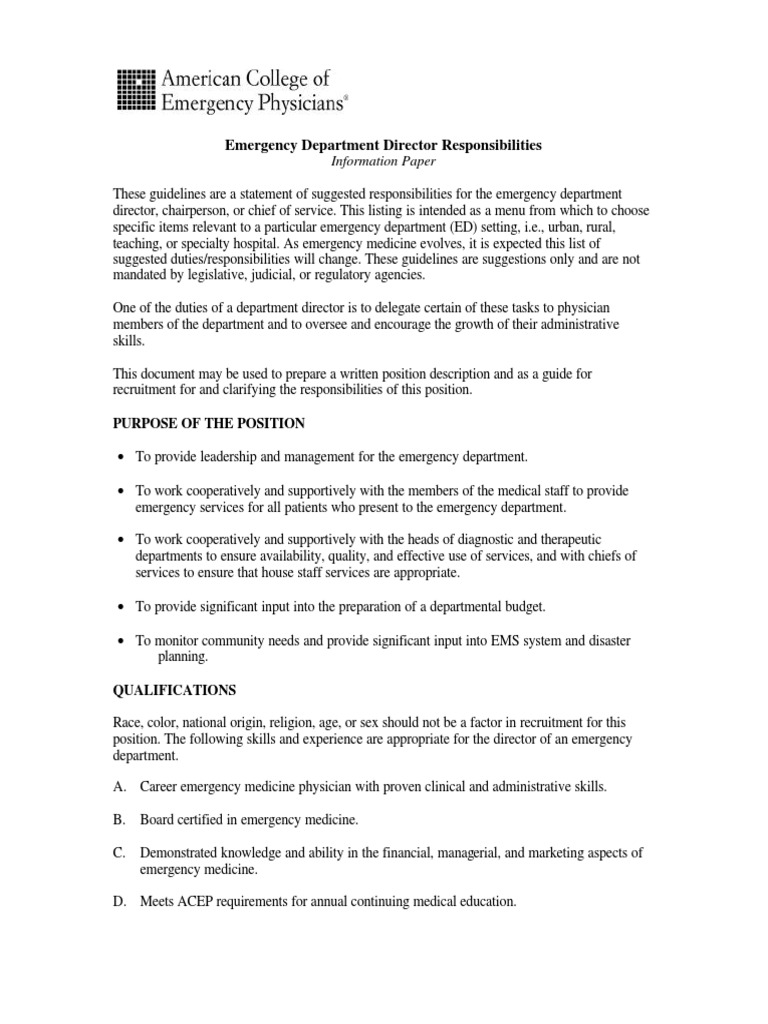 Emergency Department Director Responsibilities | PDF | Emergency ...