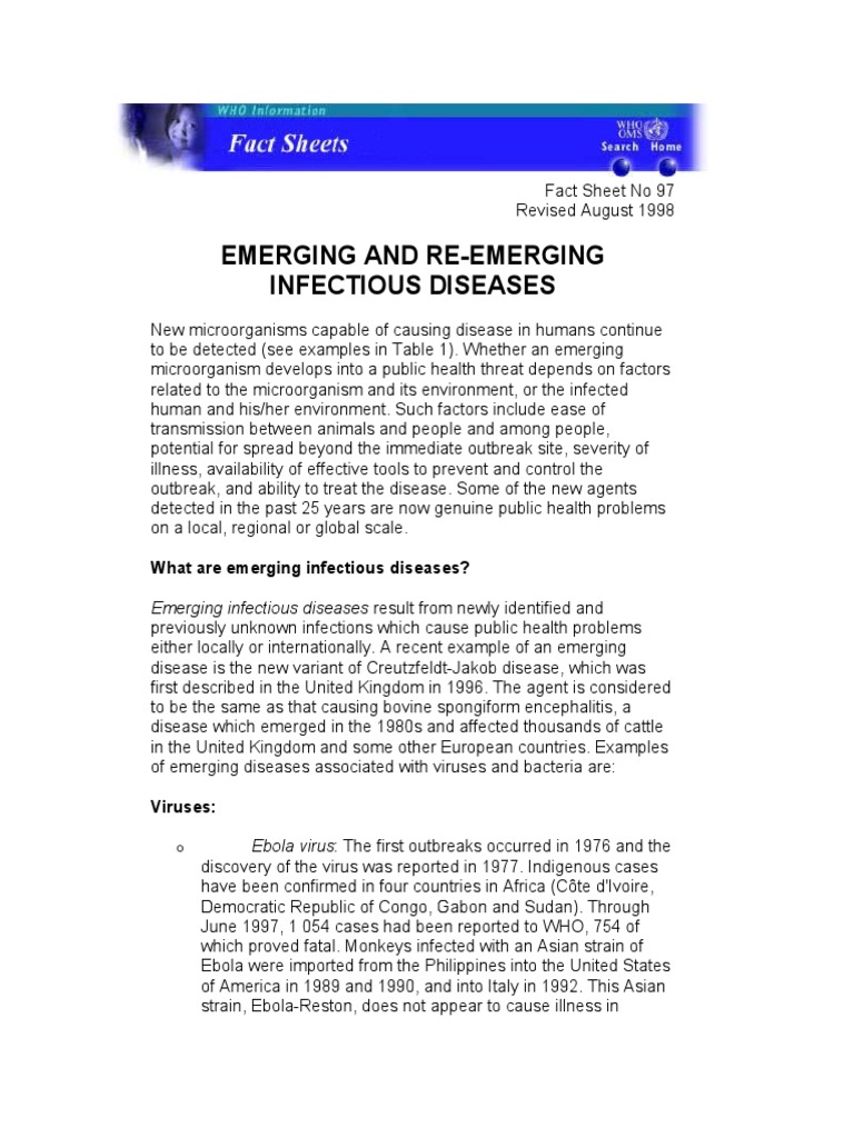 WHO Fact Sheet Emerging and Re Emerging Infectious Disease Agustus 1998 ...