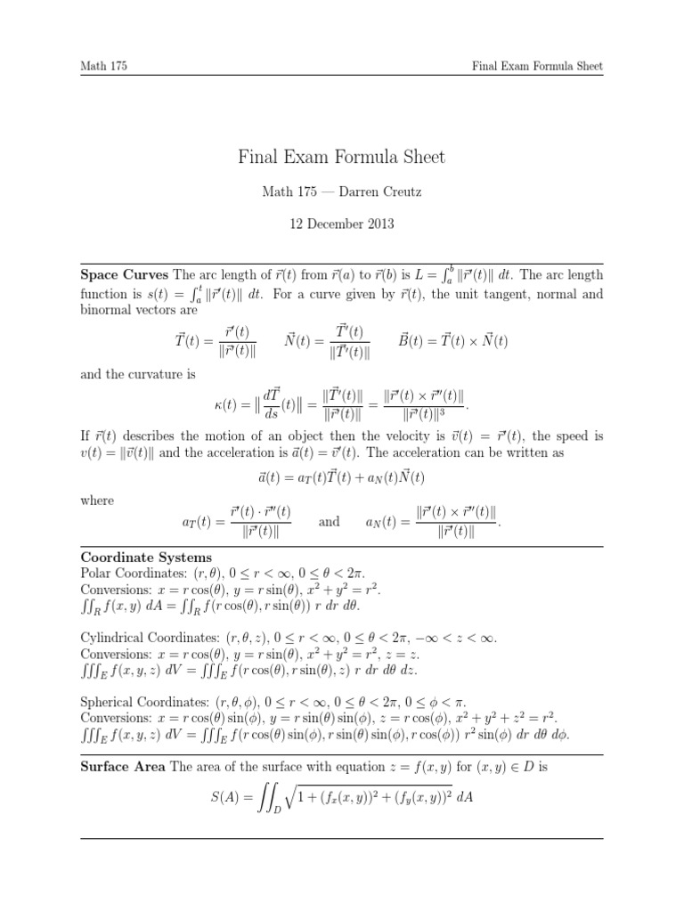 Final Exam Formula Sheet Pdf Geometry Mathematical Analysis