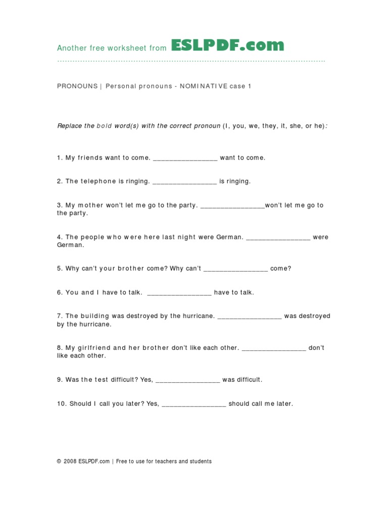 Nominative Case Pronouns Worksheet | PDF