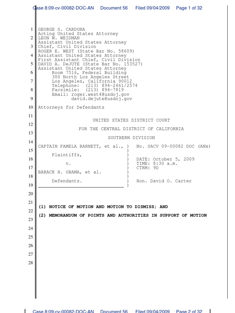 Notice of Motion and Motion To Dismiss and (2) Memorandum of Points and Authorities in Support ...