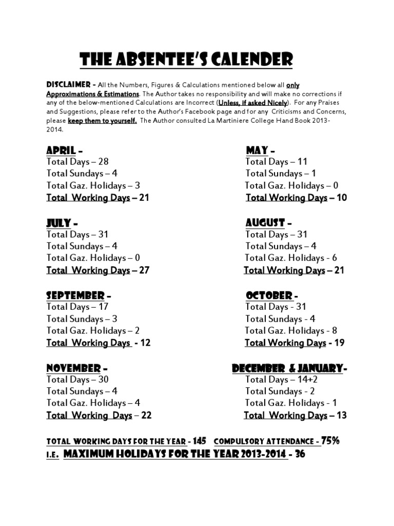 Absentee Calendar 2013-2014 Overview | PDF | Self-Improvement