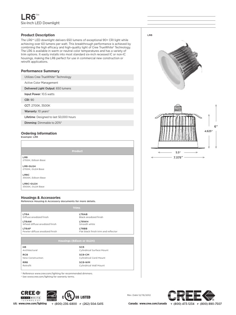 Cree Downlight LR6 Specification Sheet | PDF | Light Emitting Diode ...