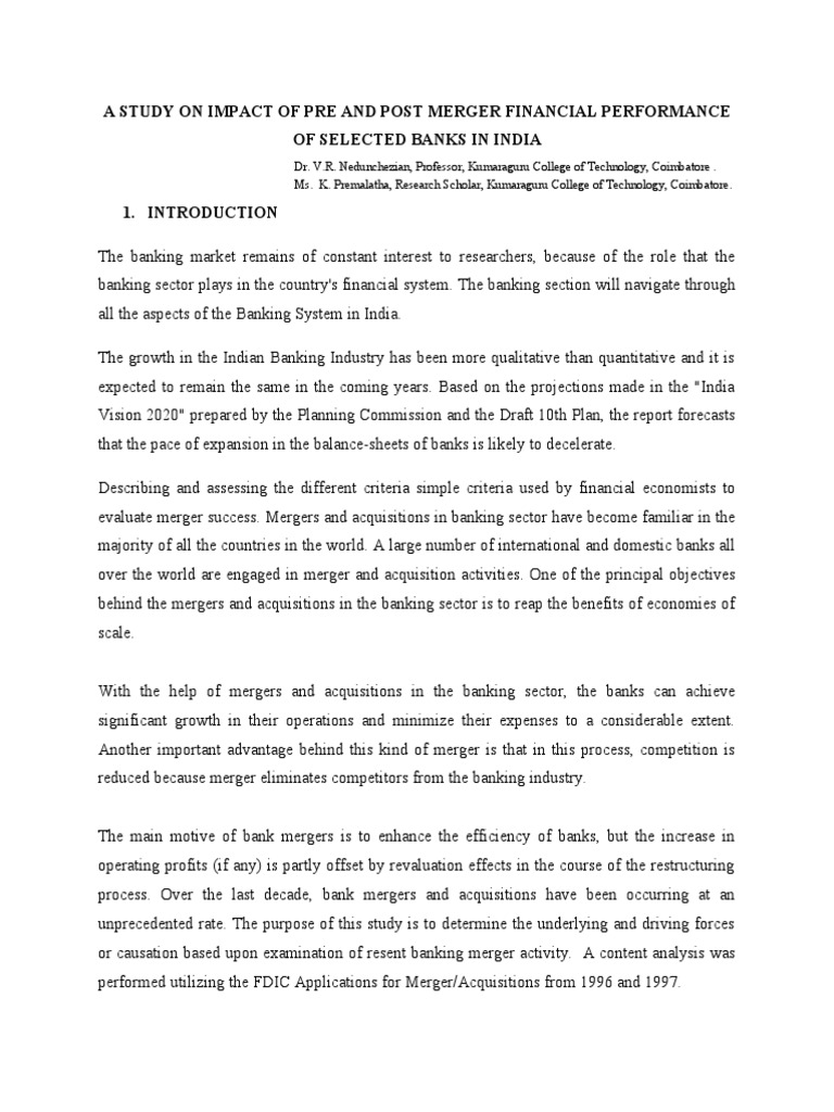 A Study On Impact of Pre and Post Merger Financial Performance of ...
