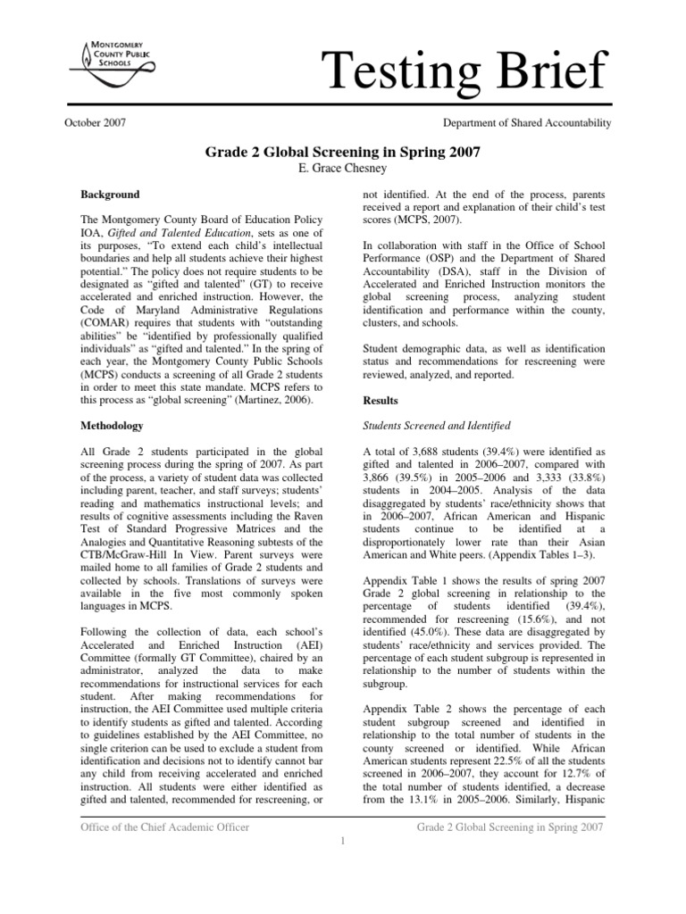 MCPS 2007 Grade 2 GT Screening Report Spring | PDF | Gifted Education ...