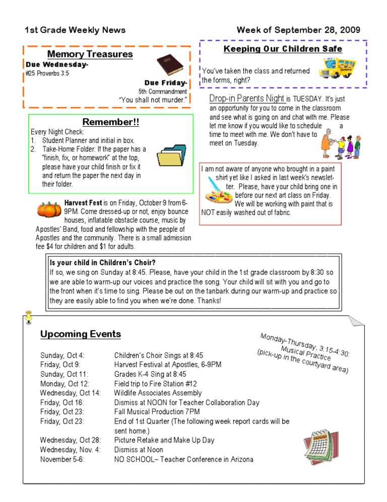 1st Grade Weekly News: Events & Reminders | PDF