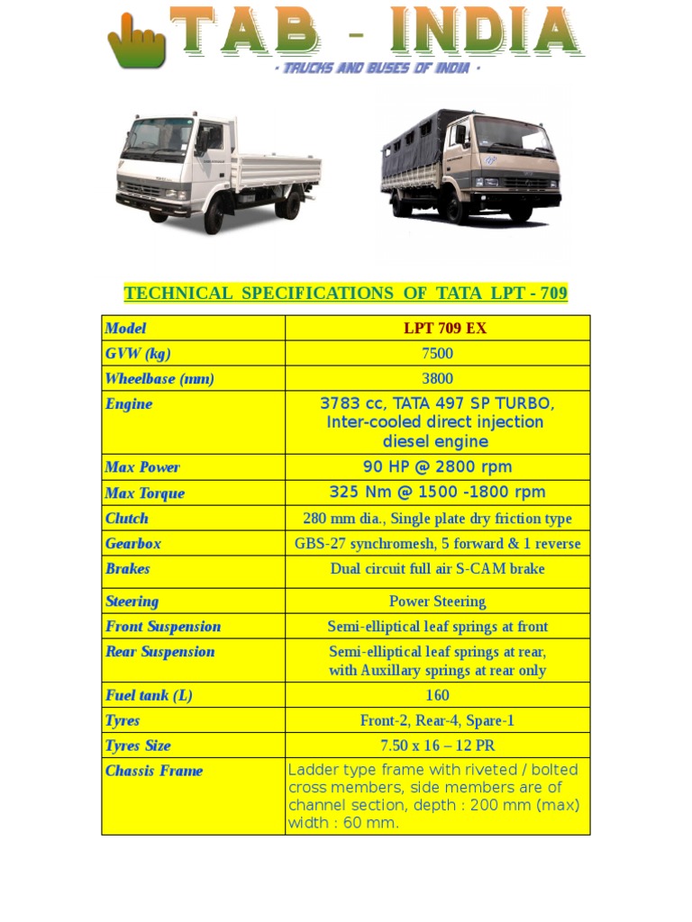 Technical Specifications of Tata LPT - 709: Model GVW (KG) Wheelbase ...
