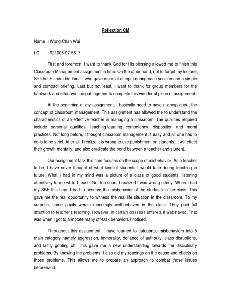 Classroom Management Reflection Insights | PDF | Classroom Management ...