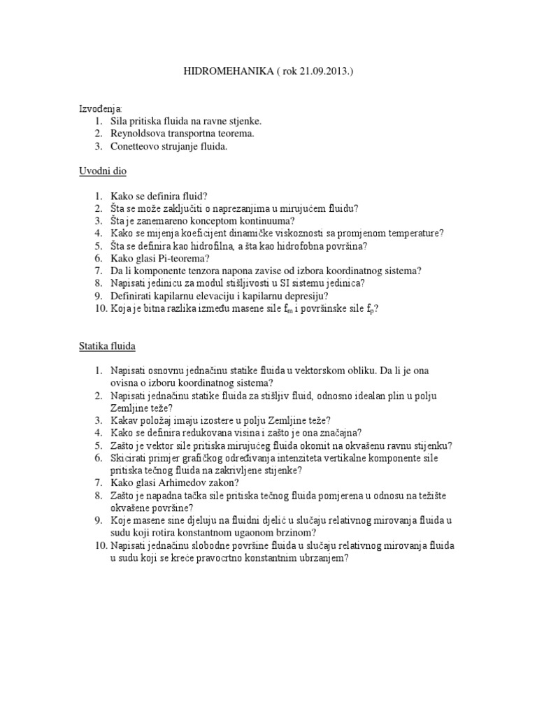 Ispitna Pitanja, Hidromehanika | PDF