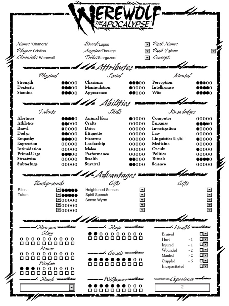 Werewolf Character Sheet Template | PDF