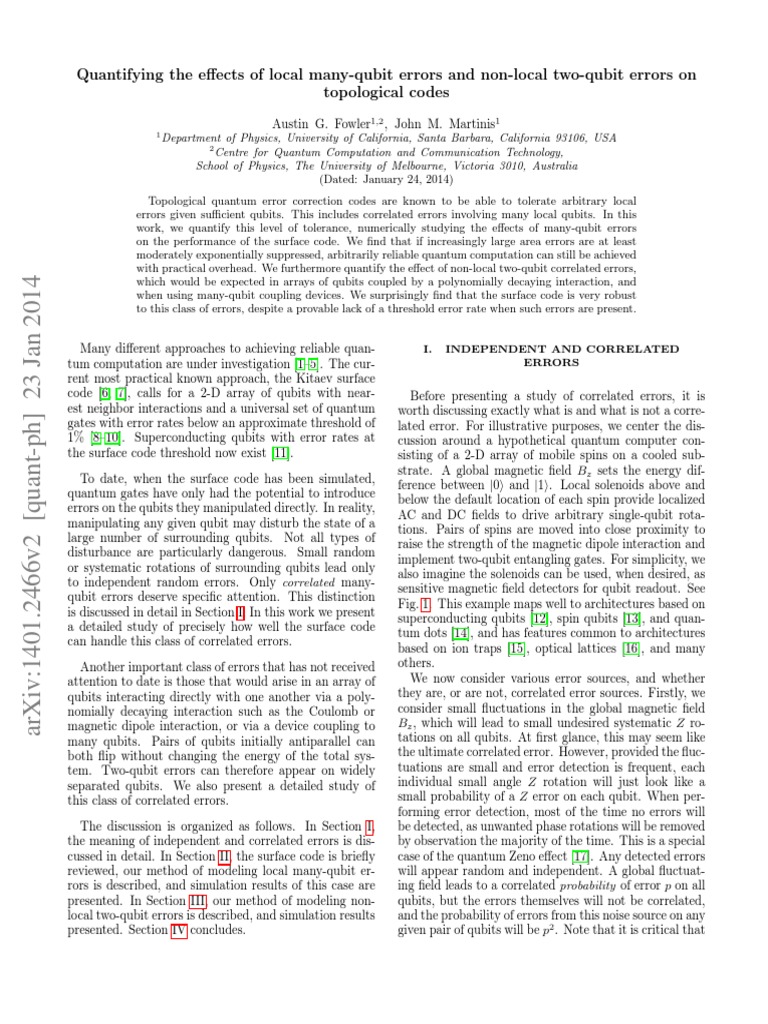 Quantifying The Effects of Local Many-Qubit Errors and Non-Local Two-Qubit Errors On Topological ...
