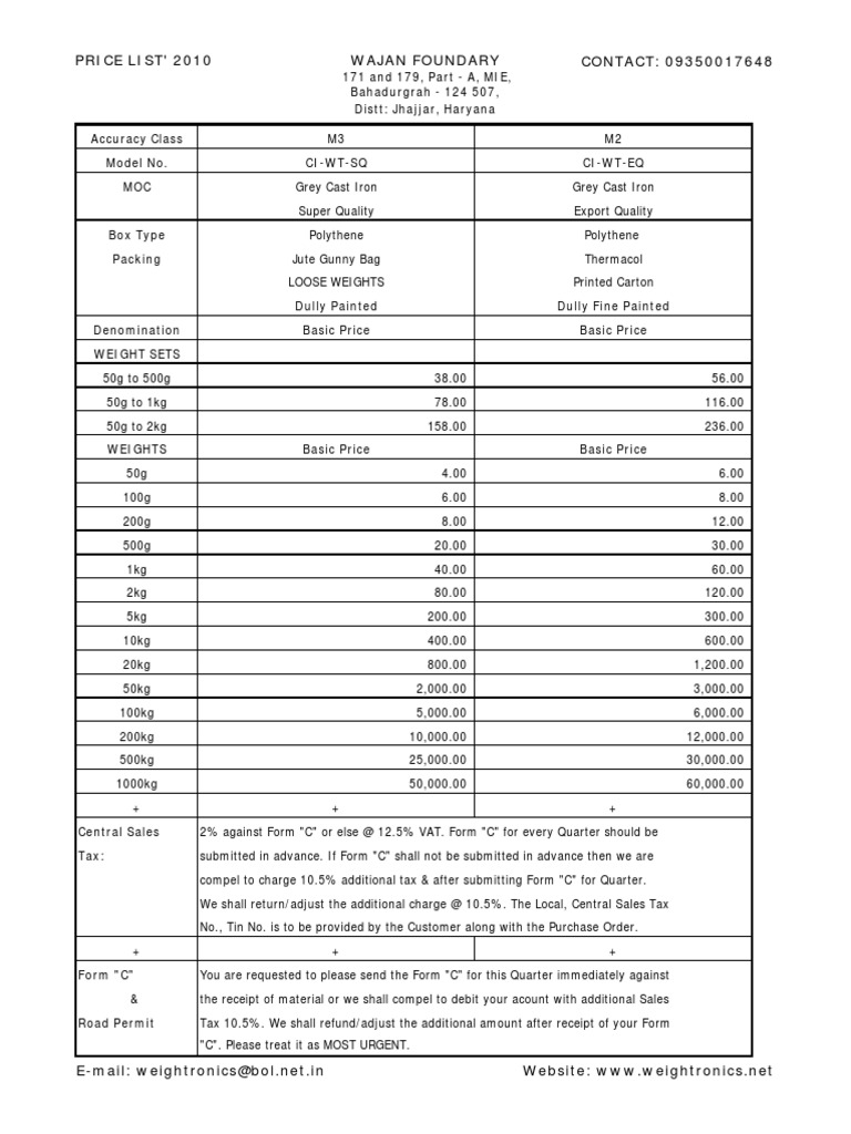 Cast Iron Weights Price List 2010 | PDF | Payments | Economies
