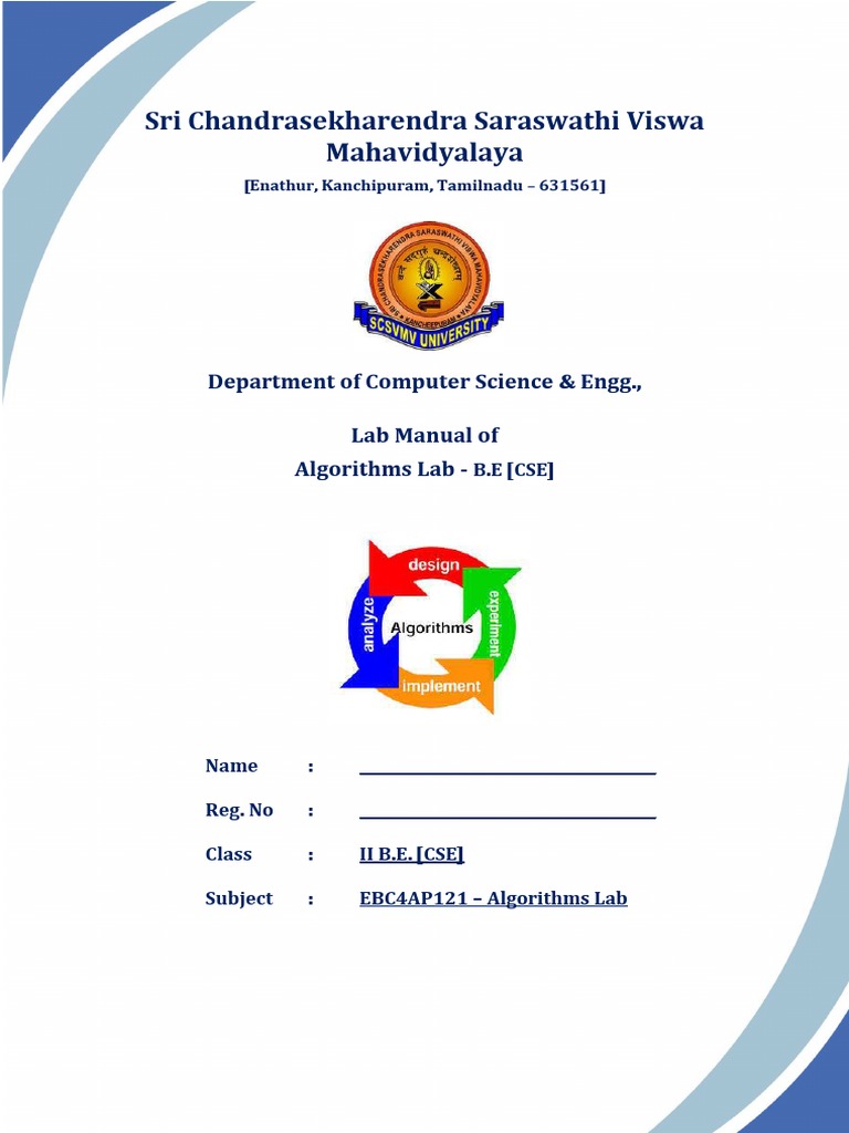 Algorithms Lab Manual Scsvmv Du Pdf Algorithms And Data Structures Mathematical Concepts