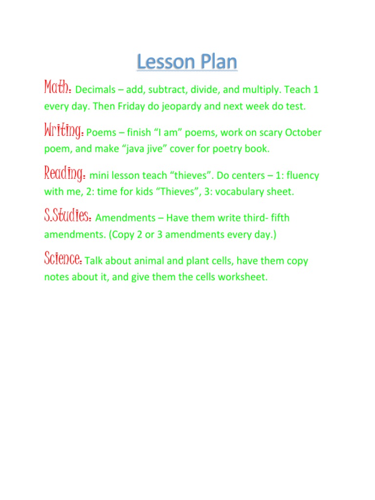 Weekly Lesson Plan: Math, Writing, Reading, S. Studies, Science | PDF