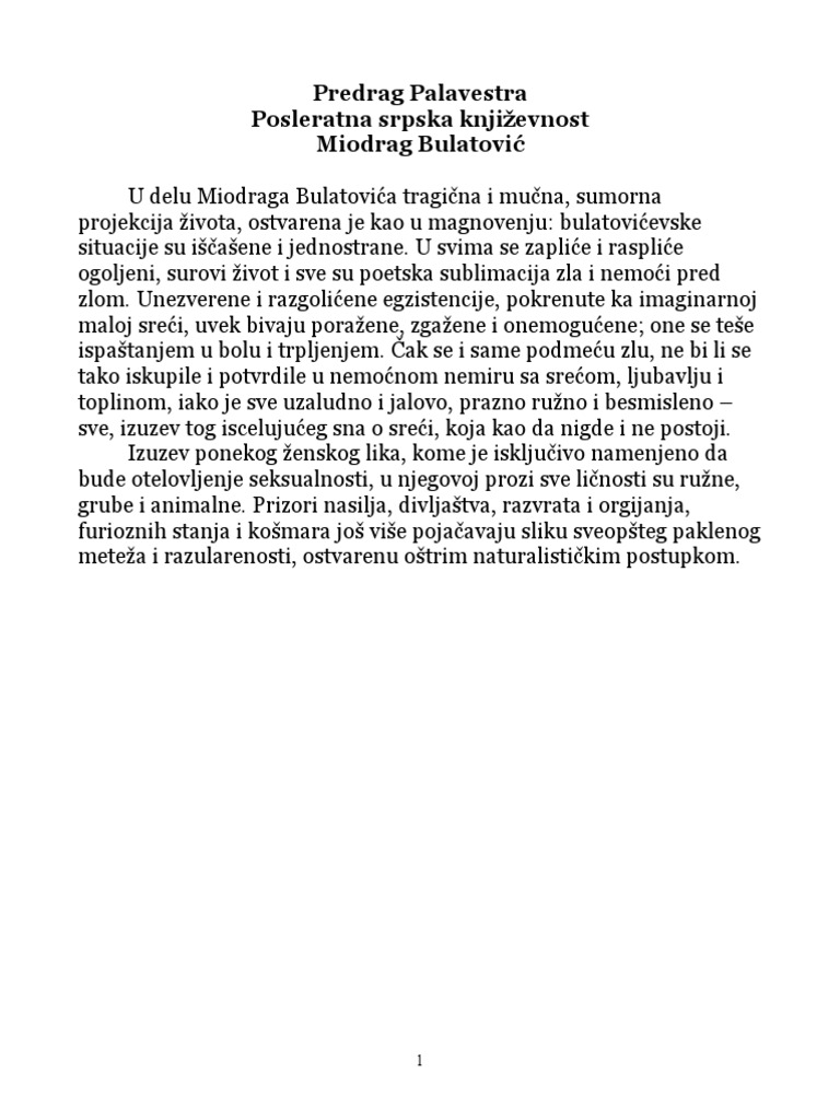 Predrag Palavestra Miodrag Bulatovic | PDF
