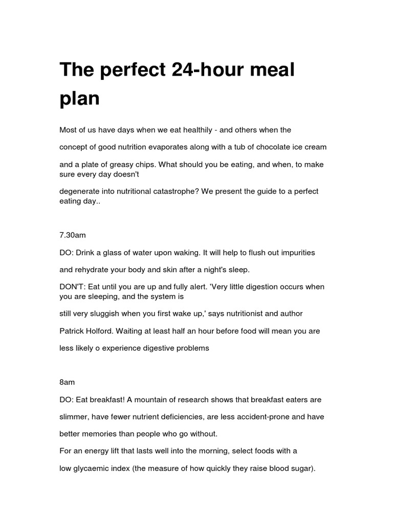 The Perfect 24 Hour Meal Plan | PDF | Eating | Carbohydrates