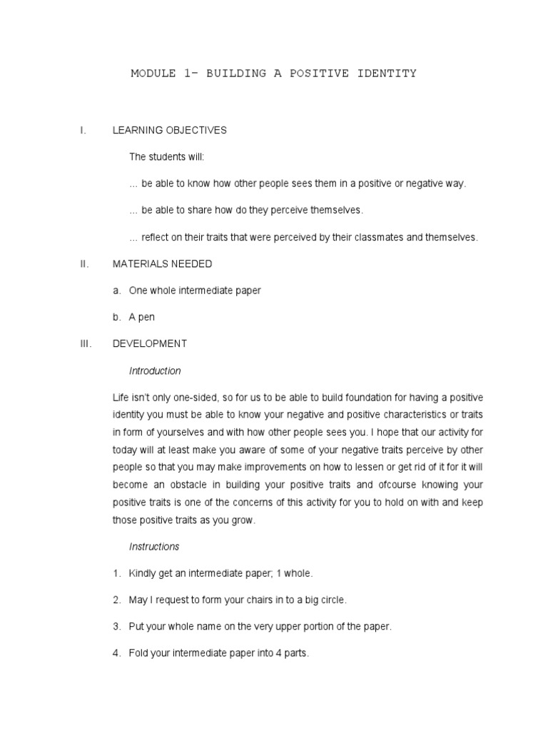 Module 1-Building A Positive Identity | PDF | Leisure | Computing And ...
