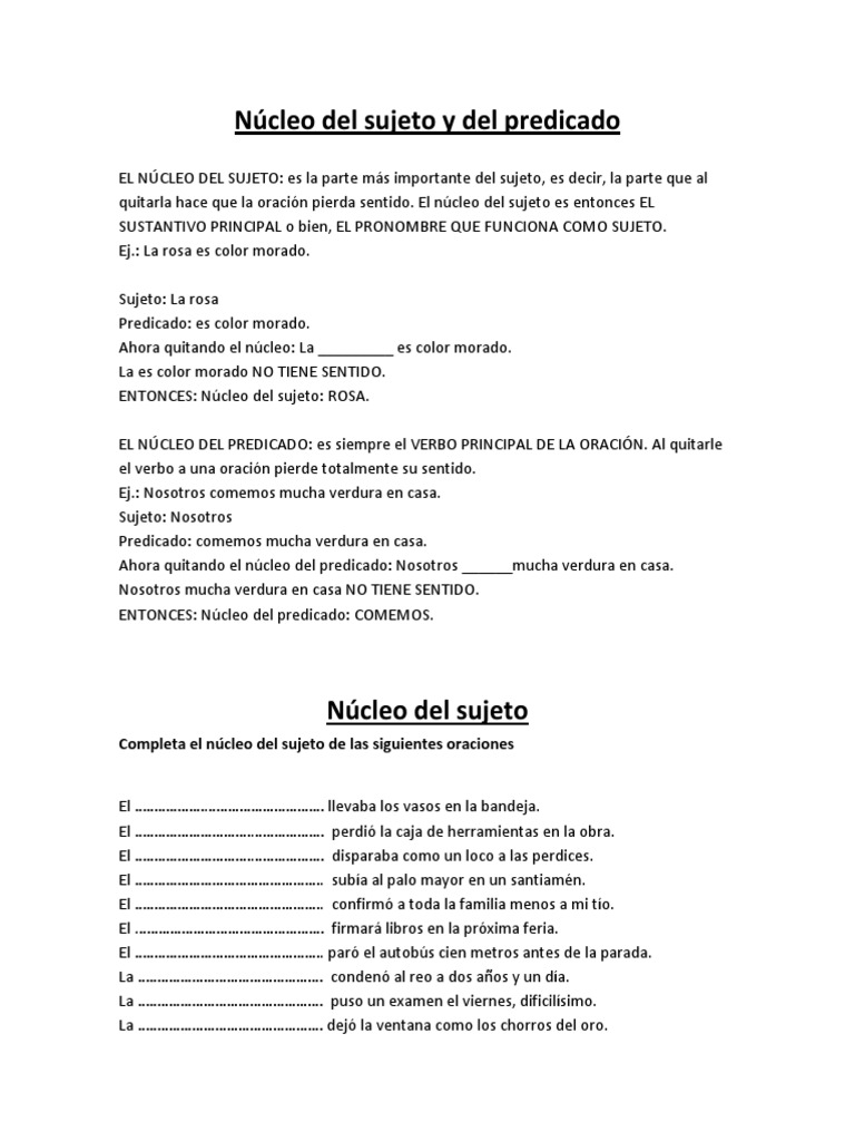 Núcleo Del Sujeto y Del Predicado | PDF | Predicado (Gramática ...