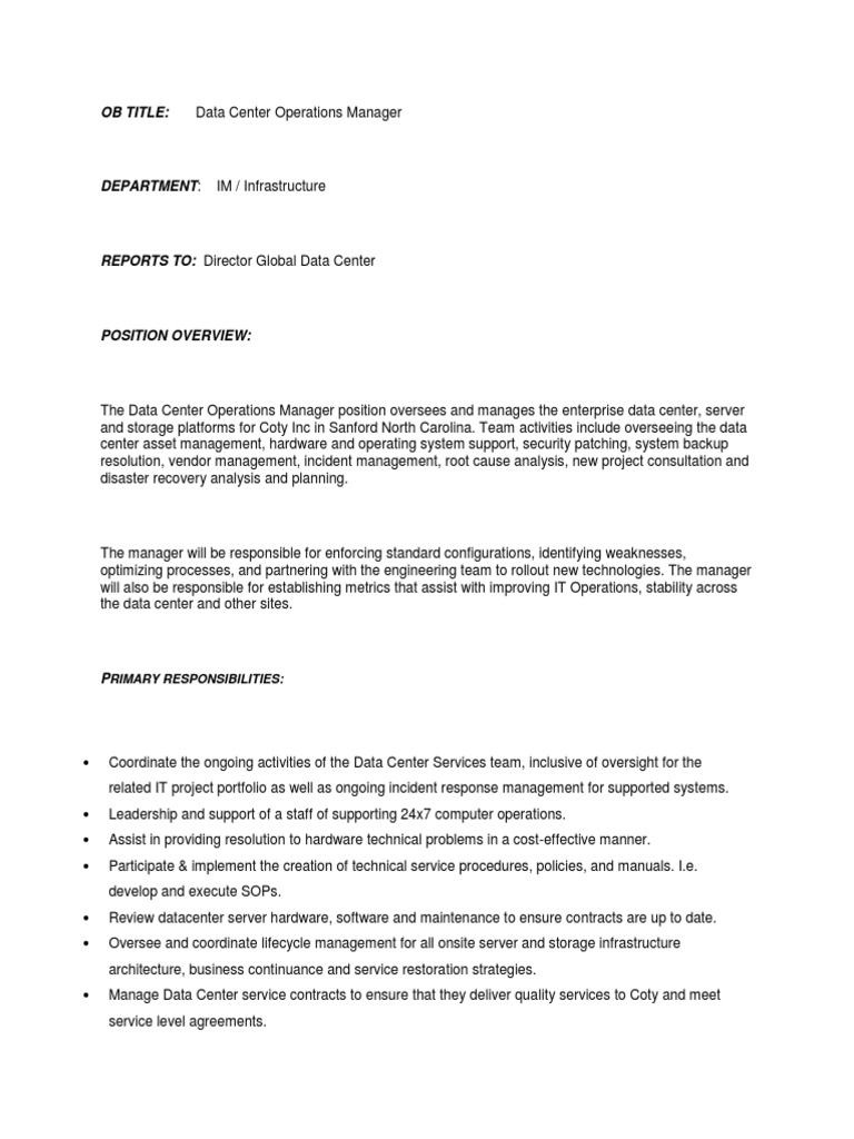 Data Center Operation Manager | PDF | Incident Management | Data Center